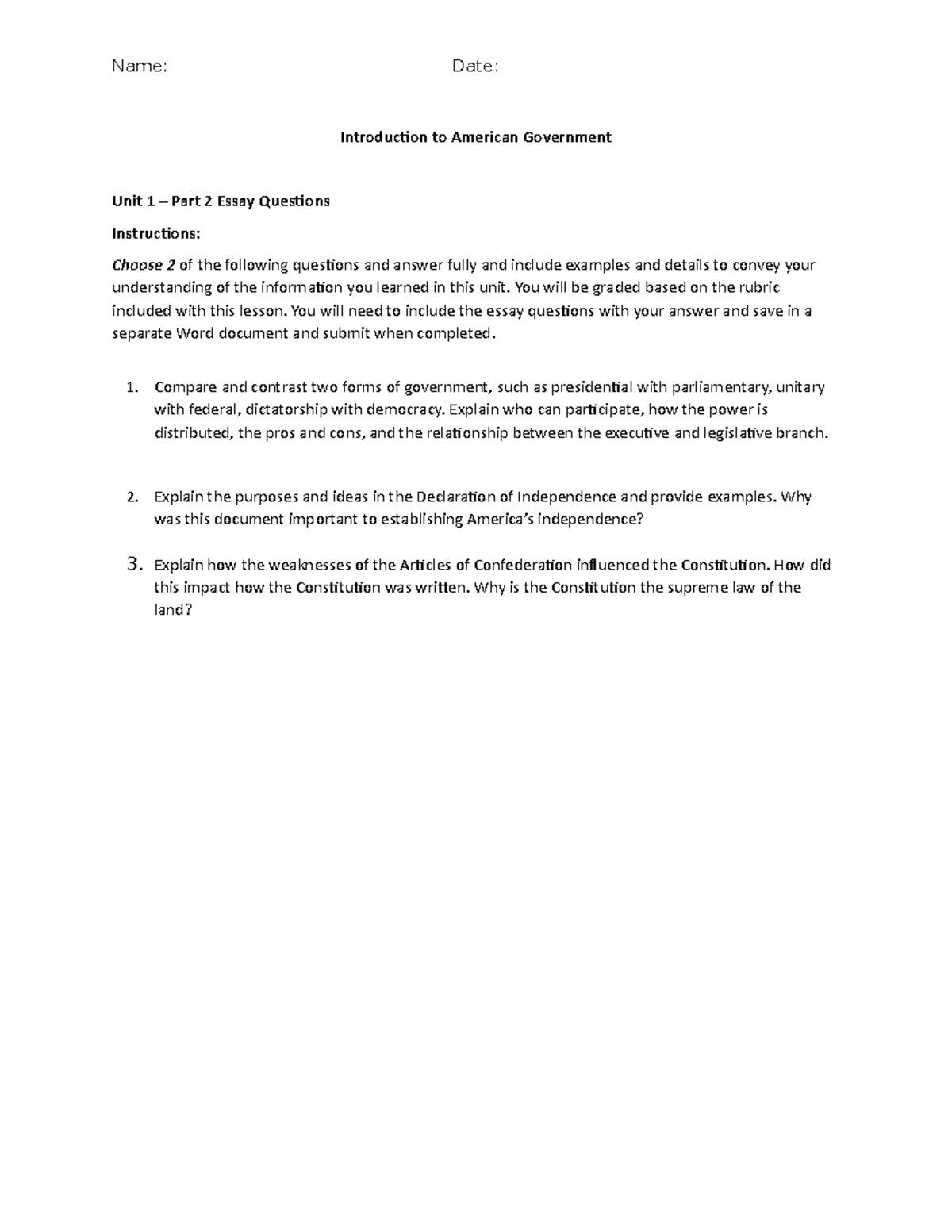 Govt A - Unit 1 Essay Questions - Introduction to American Government ...