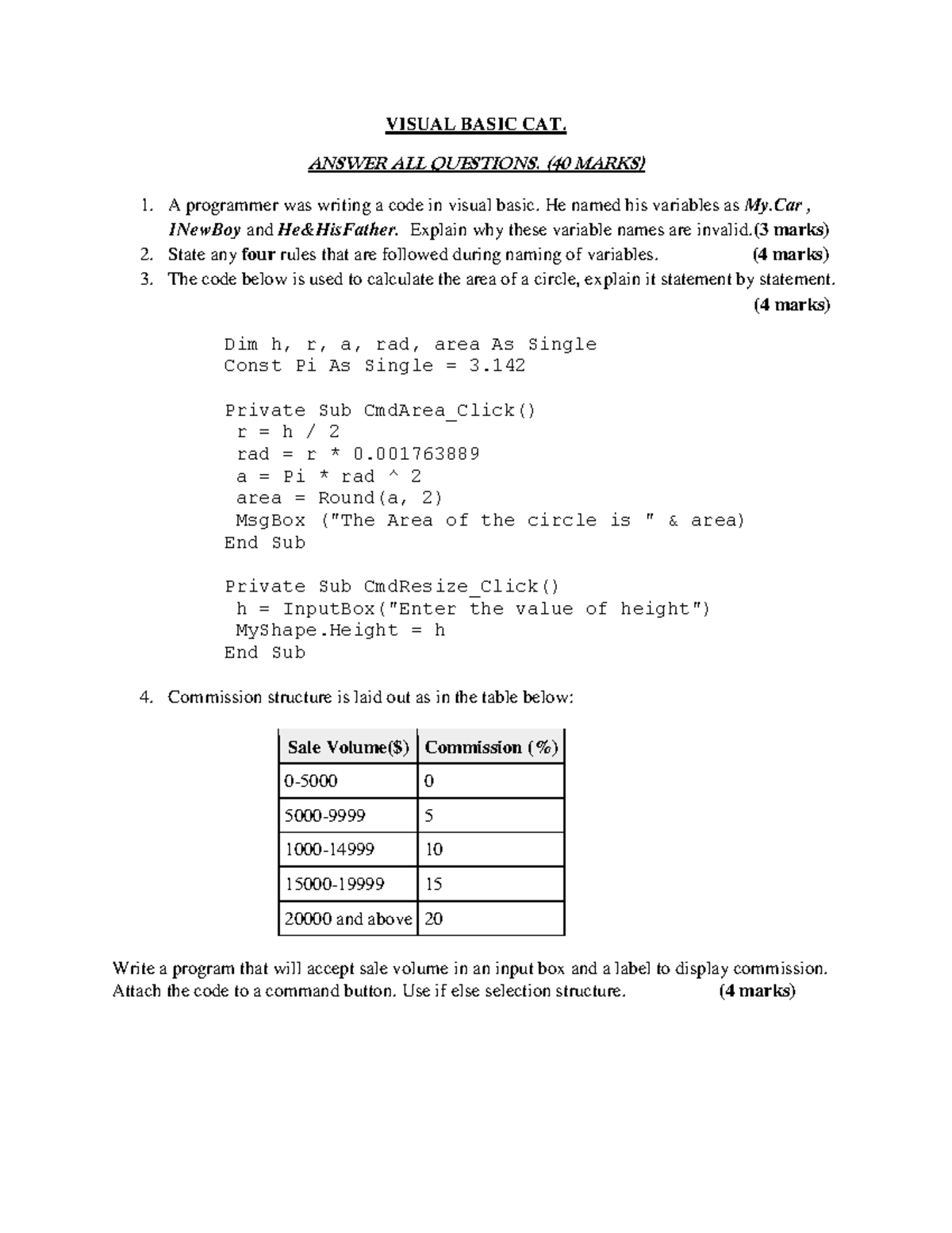 DICT S M 22 Visual Basic CAT - VISUAL BASIC CAT. ANSWER ALL QUESTIONS ...
