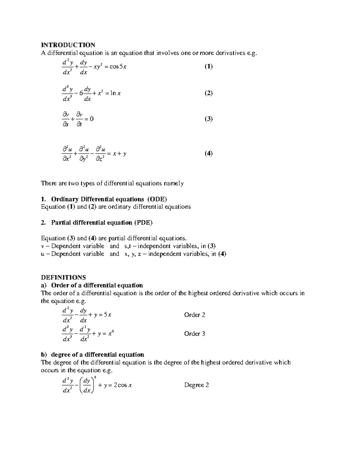 SMA 2271 Lec 1 2018 - Fine work. - INTRODUCTION A differential equation ...