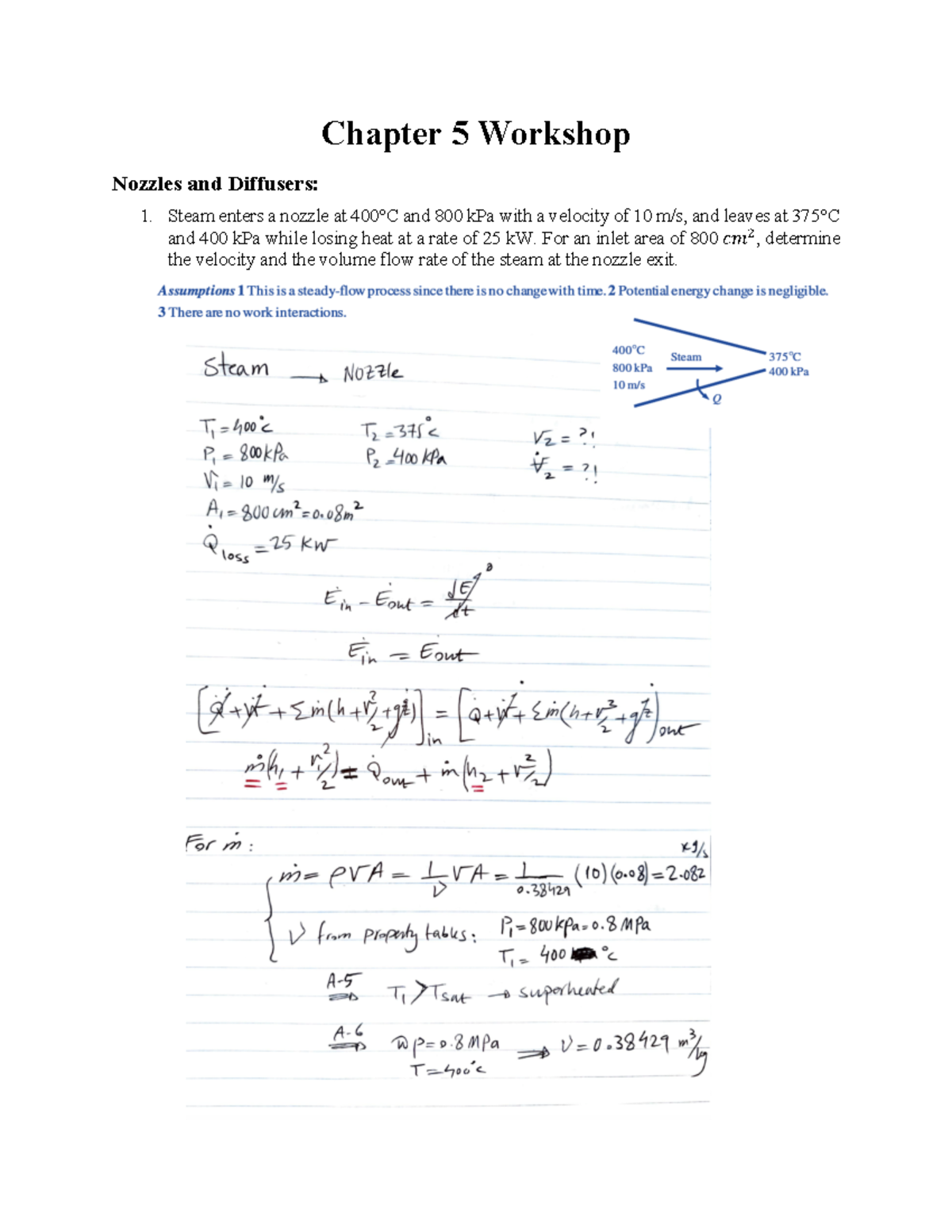 Sln-Chapter 5 - Fall Semester 2022 - Chapter 5 Workshop Nozzles and Diffusers: Steam enters a ...