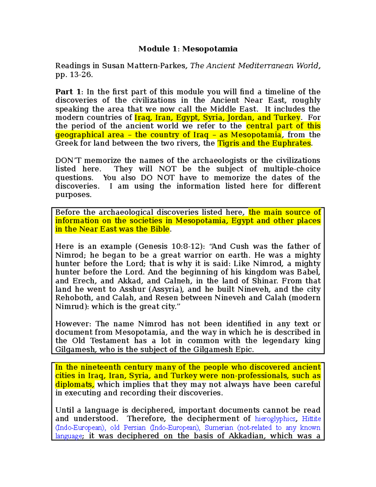 Module 1Mesopotamia - Lecture notes - Module 1: Mesopotamia Readings in ...