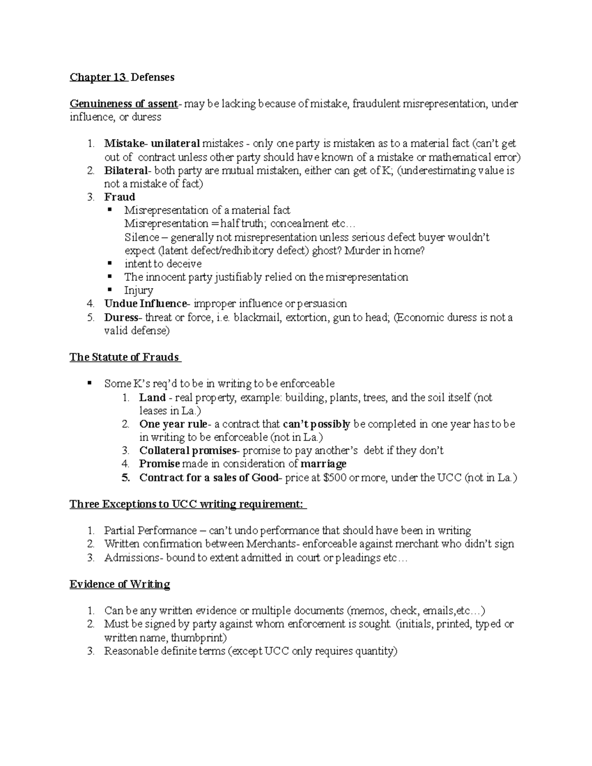 Chapter 13 Summary - Chapter 13 Defenses Genuineness of assent- may be ...