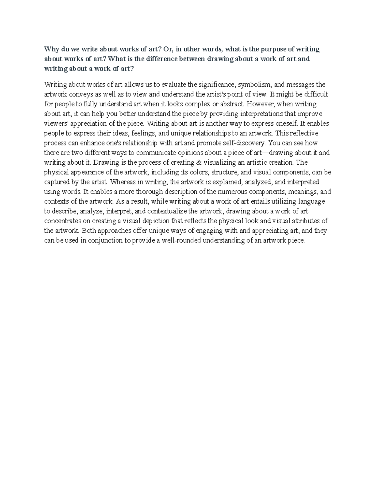 Quick write #1 - assigment - Why do we write about works of art? Or, in ...