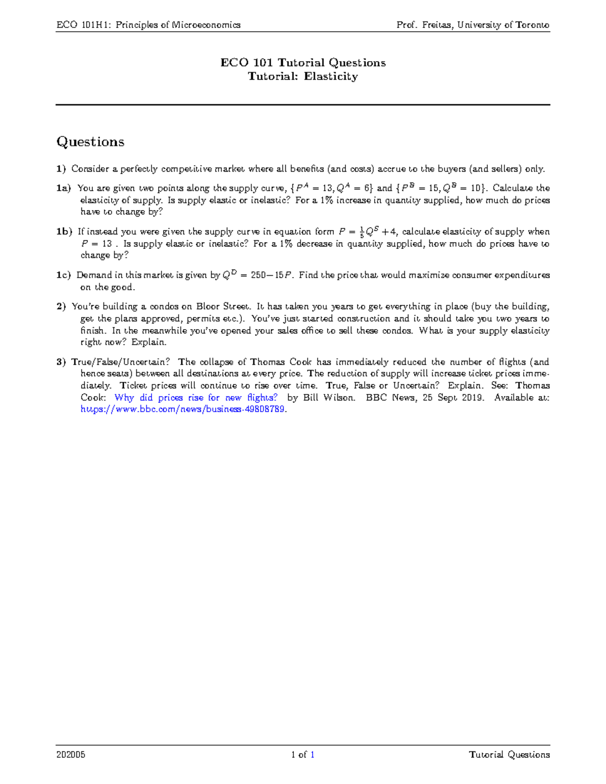 4 ECO101 Tutorial questions Elasticity - ECO 101H1: Principles of ...