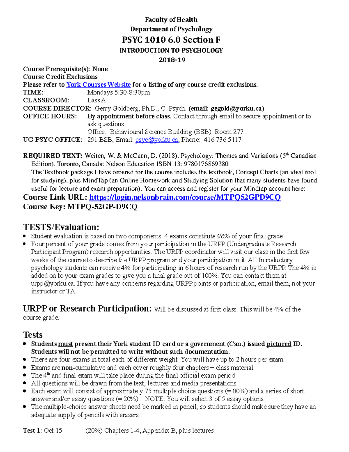 1010 F.course outline - Faculty of Health Department of Psychology PSYC 1010 6 Section F - Studocu