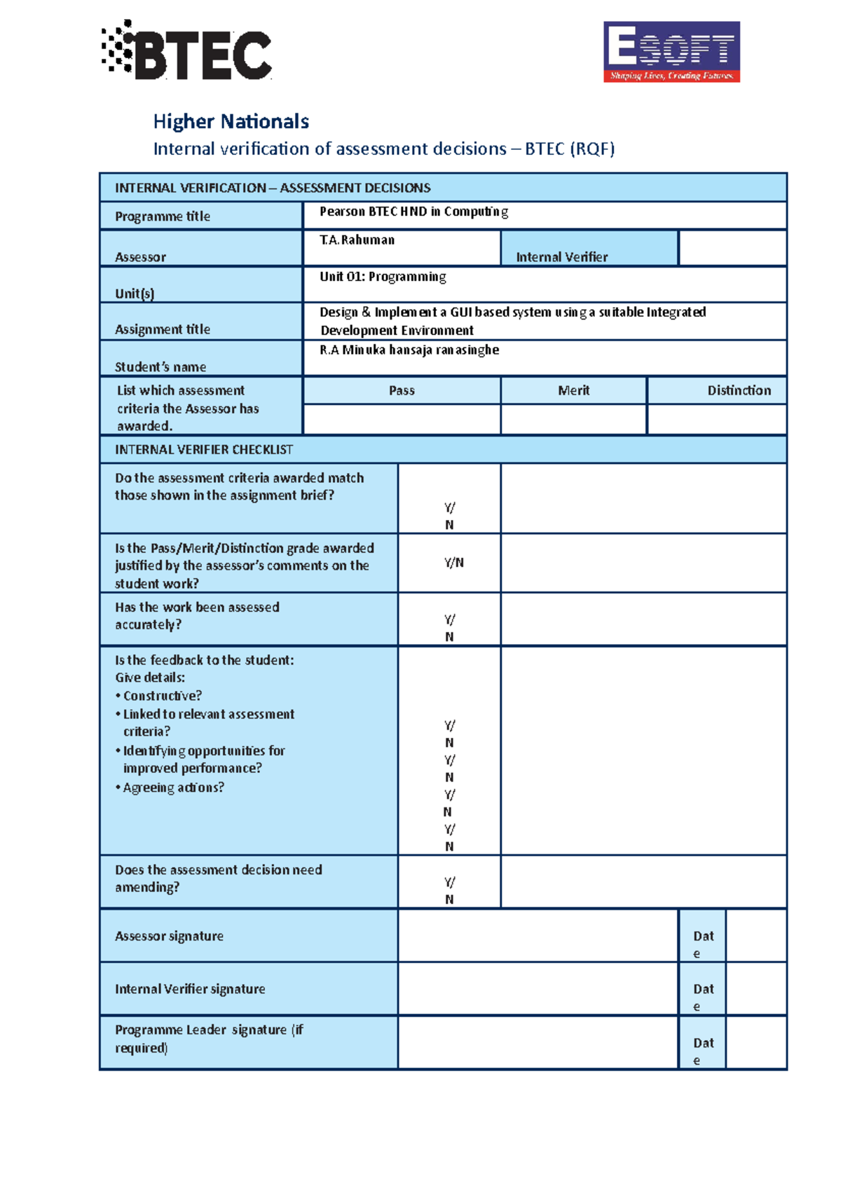 Unit 01 Programming Assignment Holistic Higher Nationals Internal Verification Of Assessment