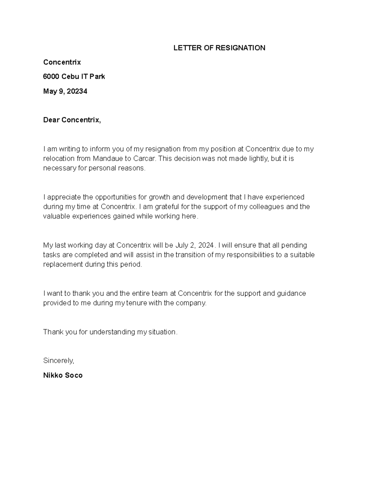 Resignation Letter - studywell - LETTER OF RESIGNATION Concentrix 6000 ...