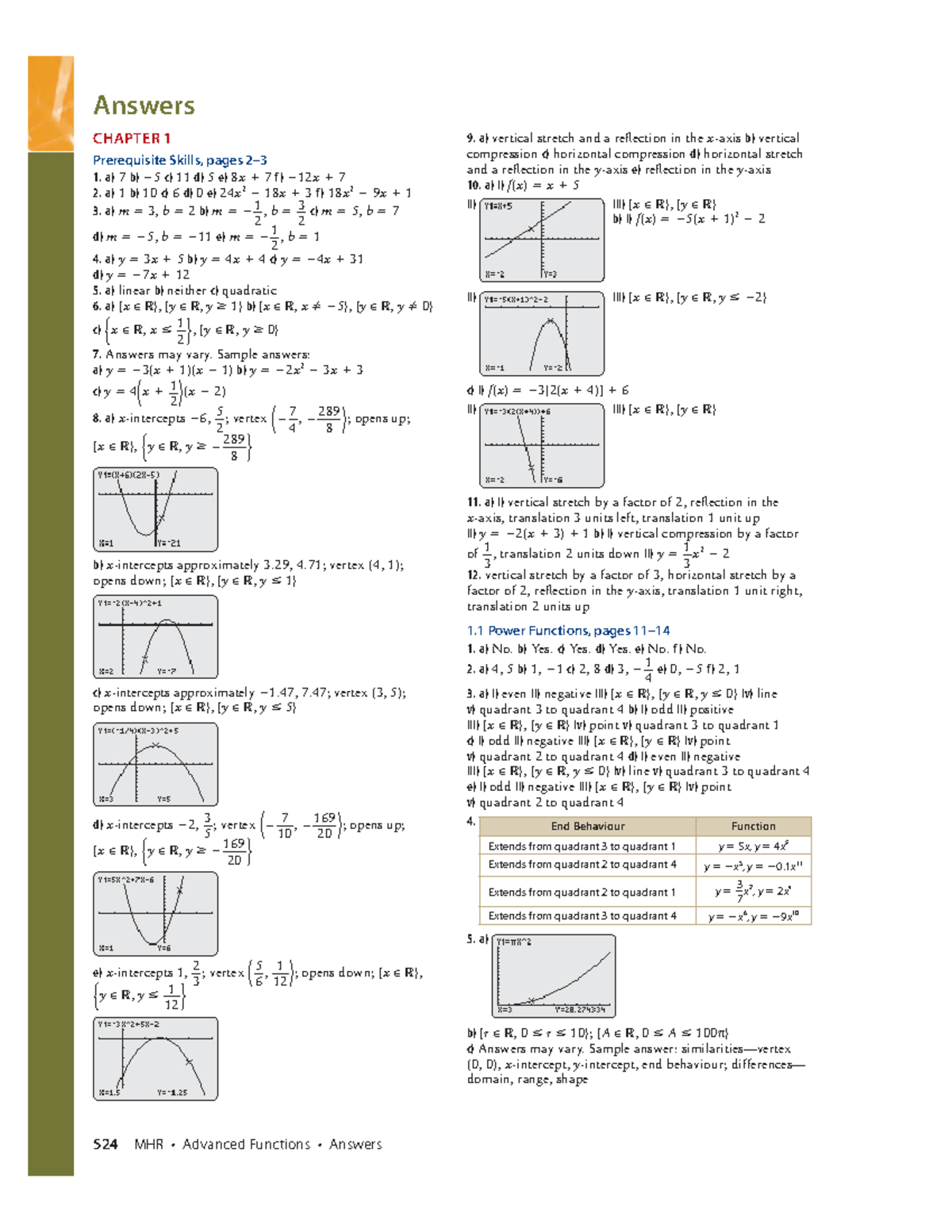 Pdfcoffee - answers - Answers CHAPTER 1 Prerequisite Skills, pages 2– a) 7 b) 5 c) 11 d) 5 e) 8 ...