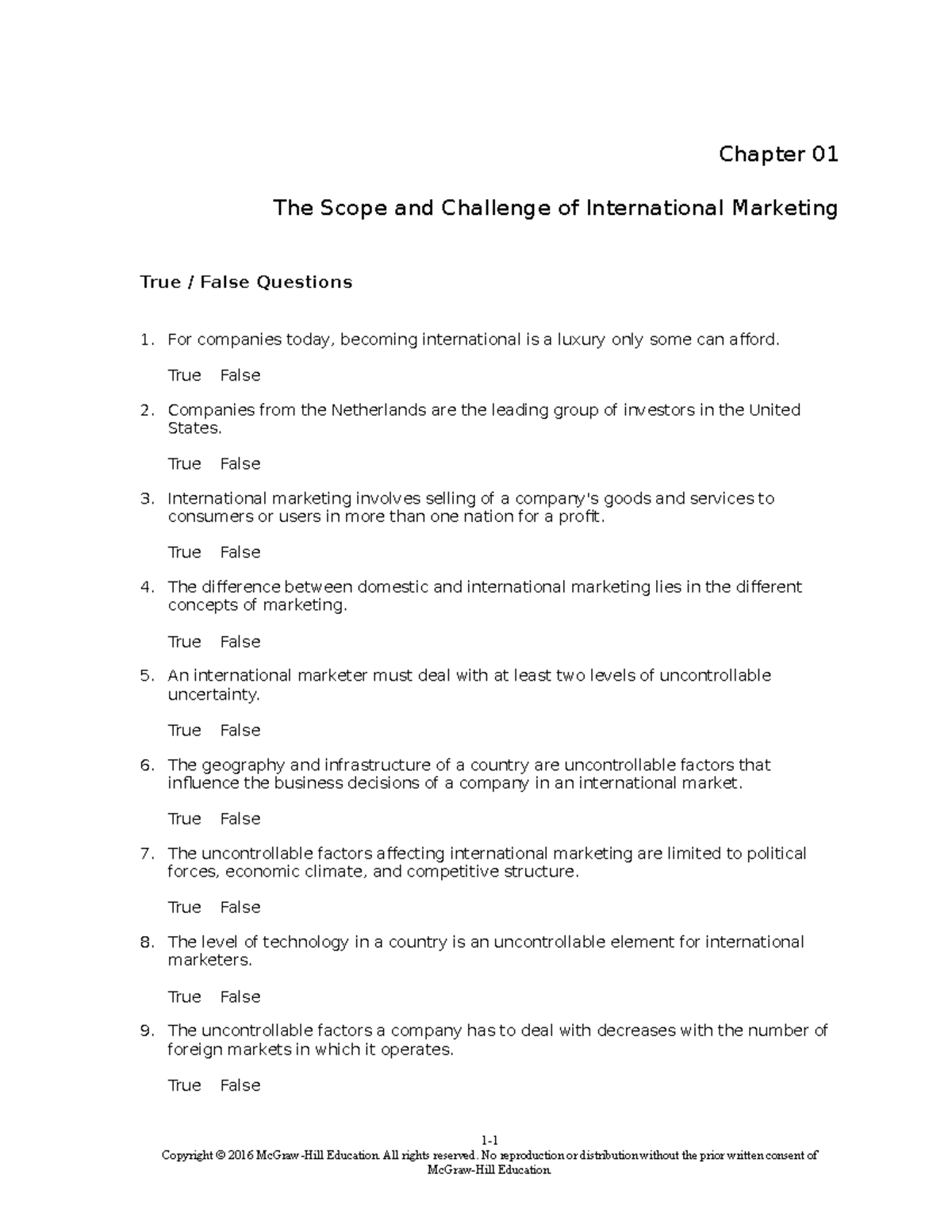 TEST BANK - Internation marketing quiz - Chapter 01 The Scope and ...