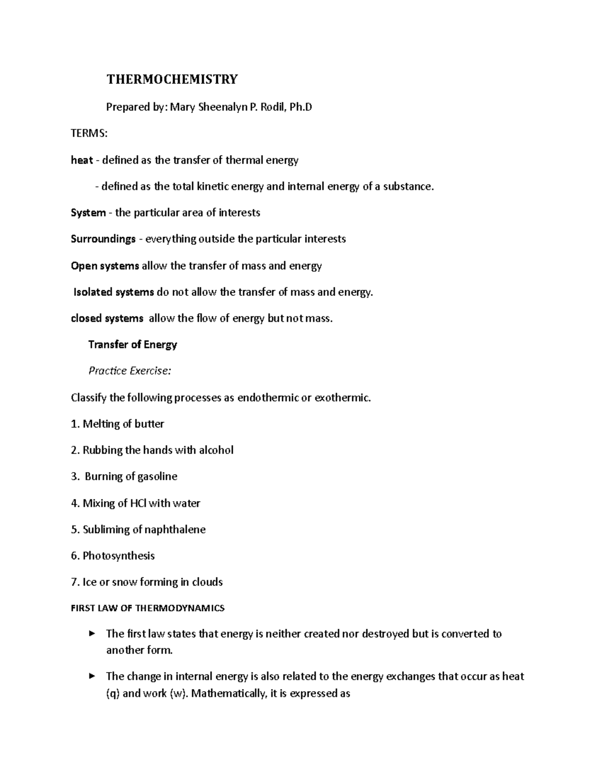 Thermochemistry - Lecture notes 3 - THERMOCHEMISTRY Prepared by: Mary ...