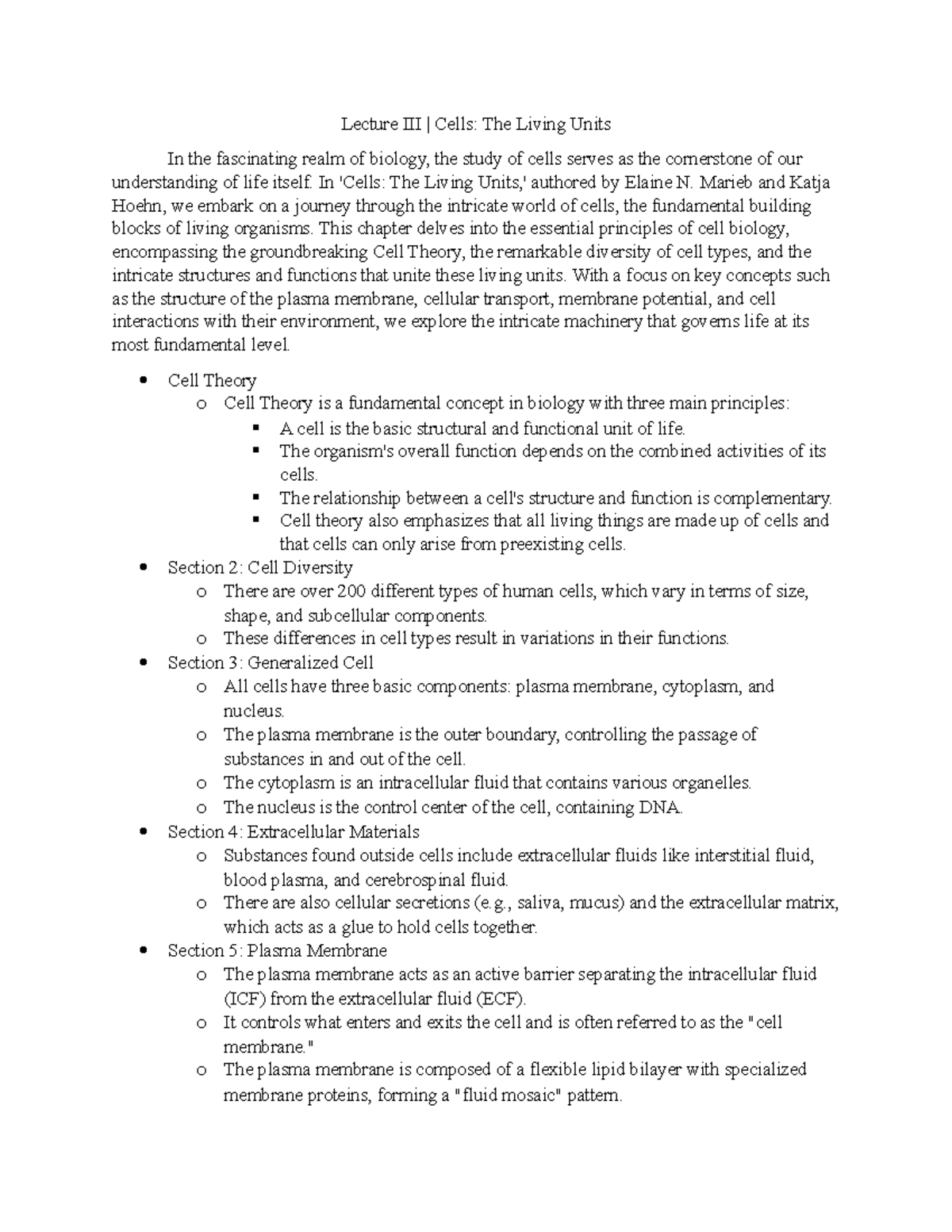 Lecture III Summary - Chapter Summaries - Lecture III | Cells: The Living Units In the ...