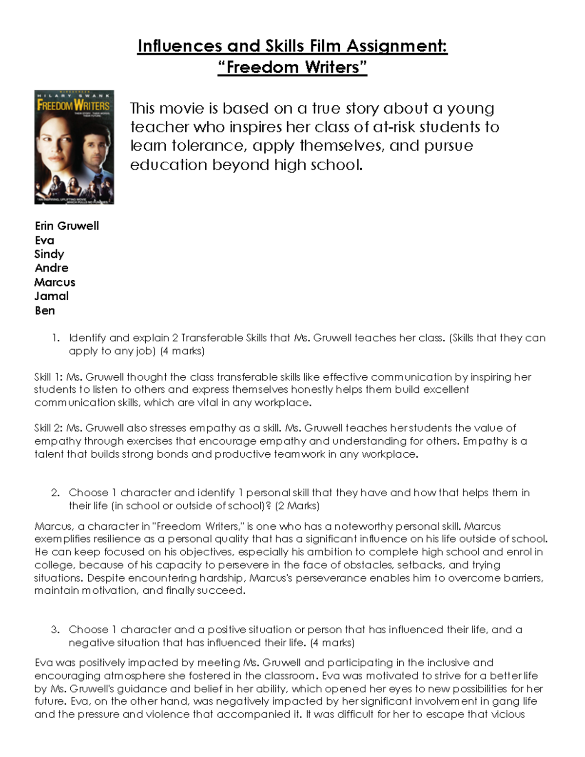 Influences and Skills Film Assignment: “Freedom Writers” - Influences ...