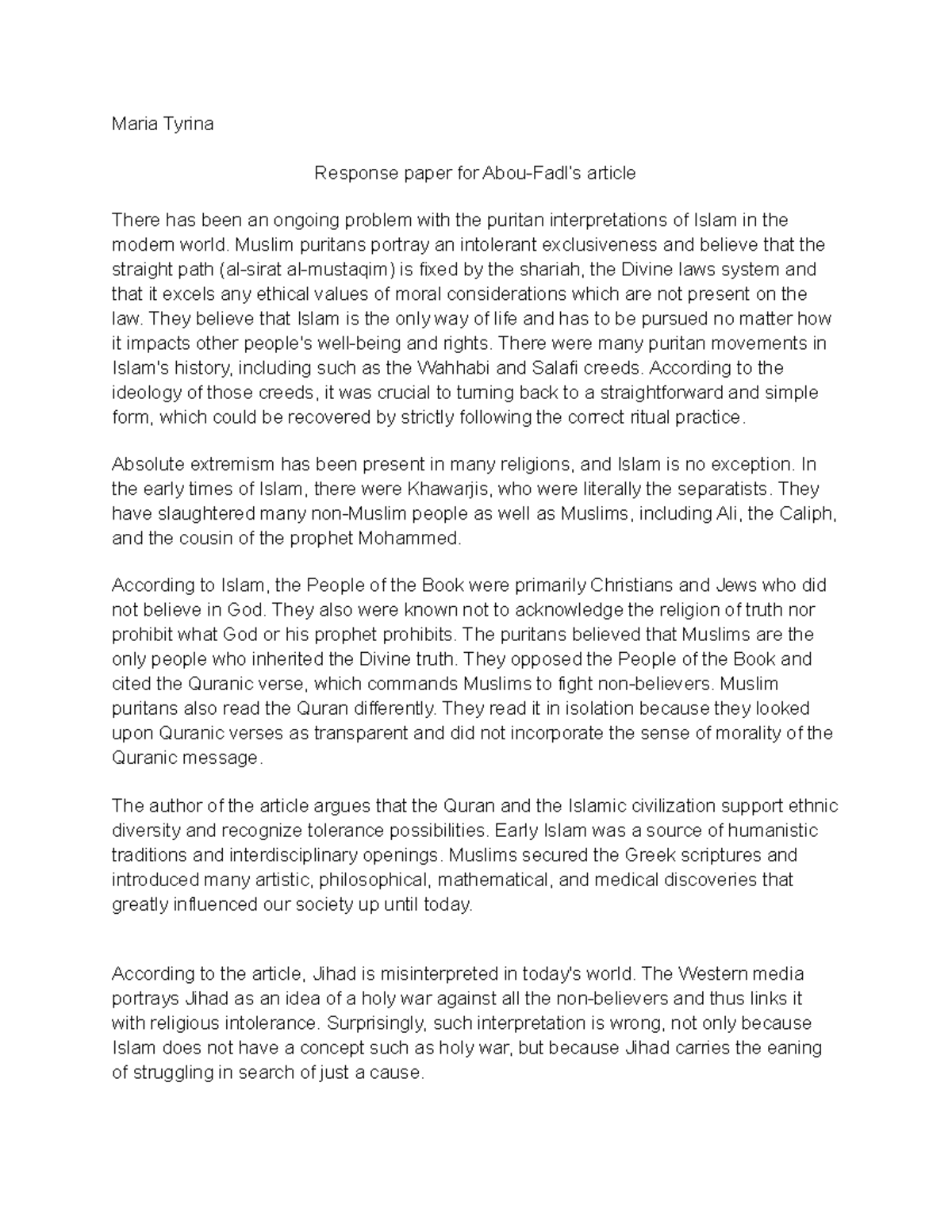 Response Paper for Abou-Fadl’s article - Maria Tyrina Response paper ...