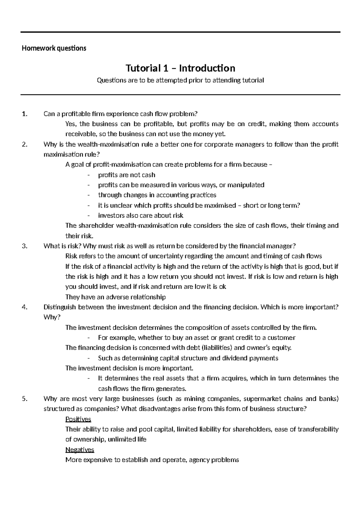 Tutorial 1 - Homework Questions - Homework questions Tutorial 1 – Introduction Questions are to ...