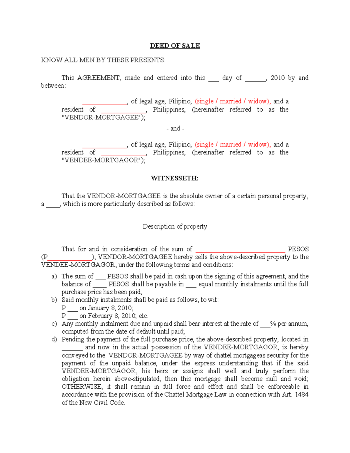 Sale of personal property in installment with mortgage - DEED OF SALE ...