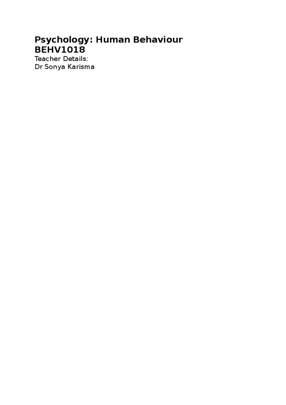 Psychology Human Behaviour. - Psychology: Human Behaviour BEHV Teacher ...