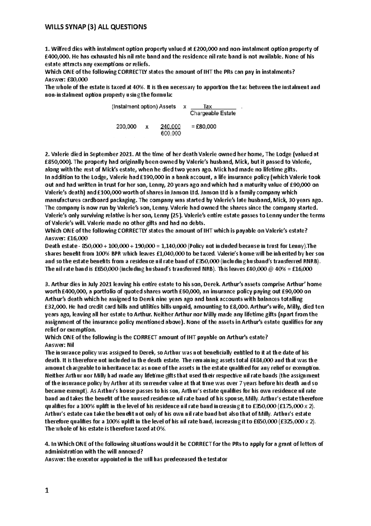 Wills Synap MCQ Questions with Answers - Wilfred dies with instalment ...