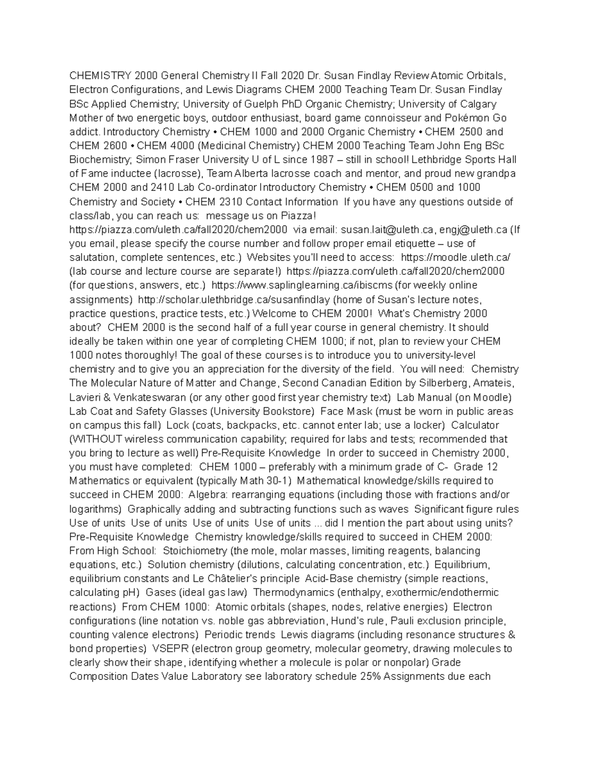 Chem 2 notes - CHEMISTRY 2000 General Chemistry II Fall 2020 Dr. Susan ...