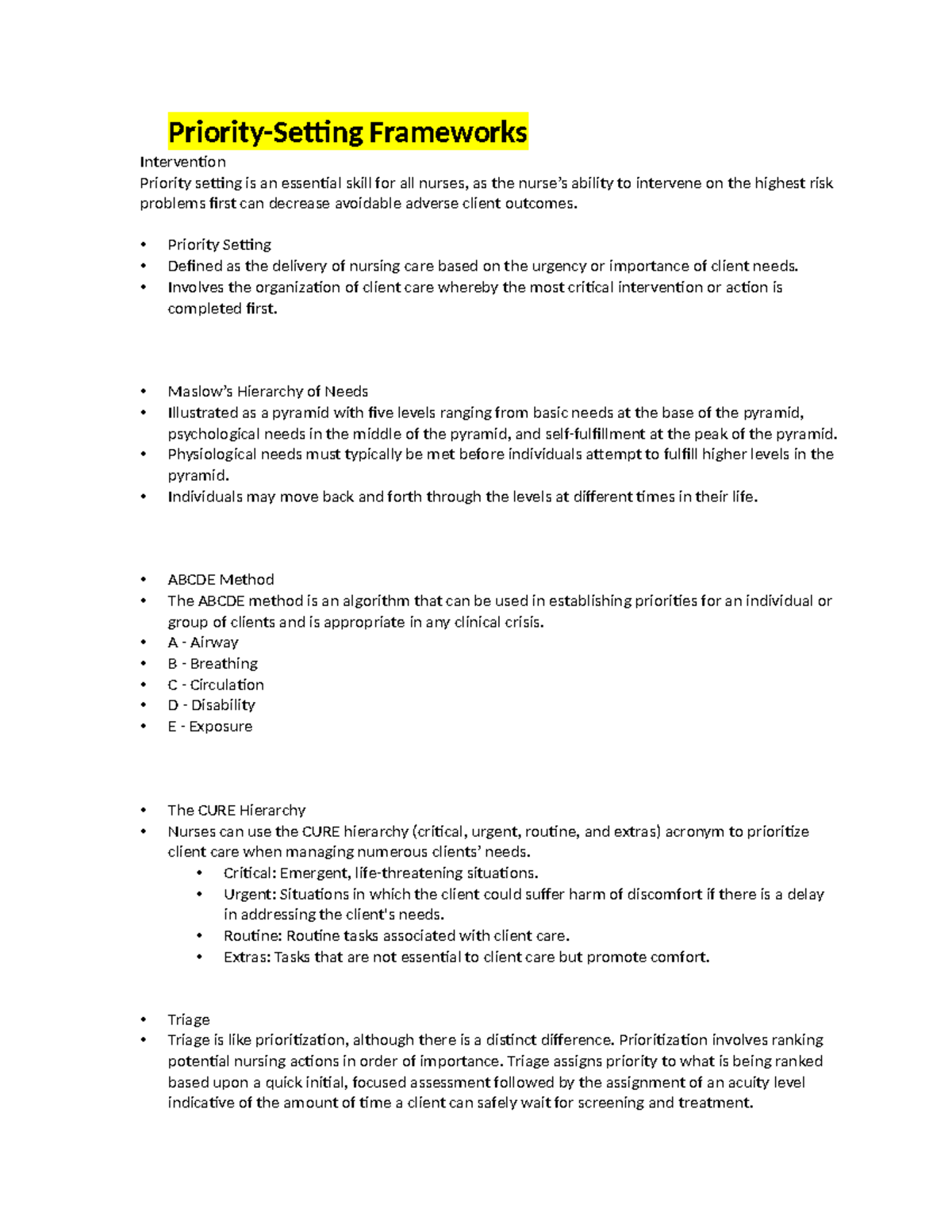 Nurse 120 Test 2 Outline - Priority-Setting Frameworks Intervention ...