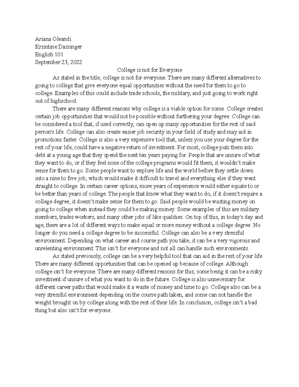 Mini essay 1 - Ariana Oleandi Krisntine Dassinger English 101 September ...