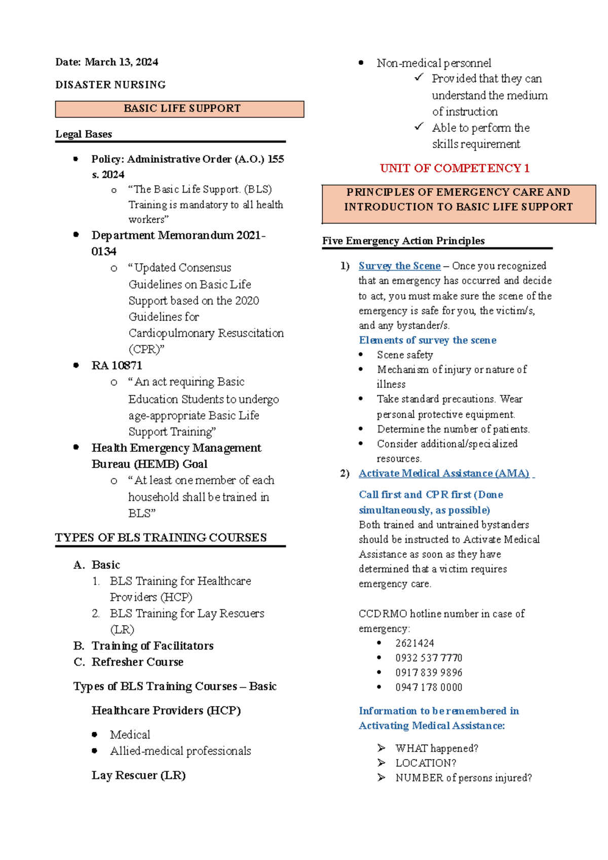 EMS- Training- Notes - Ems - Date: March 13, 2024 DISASTER NURSING ...