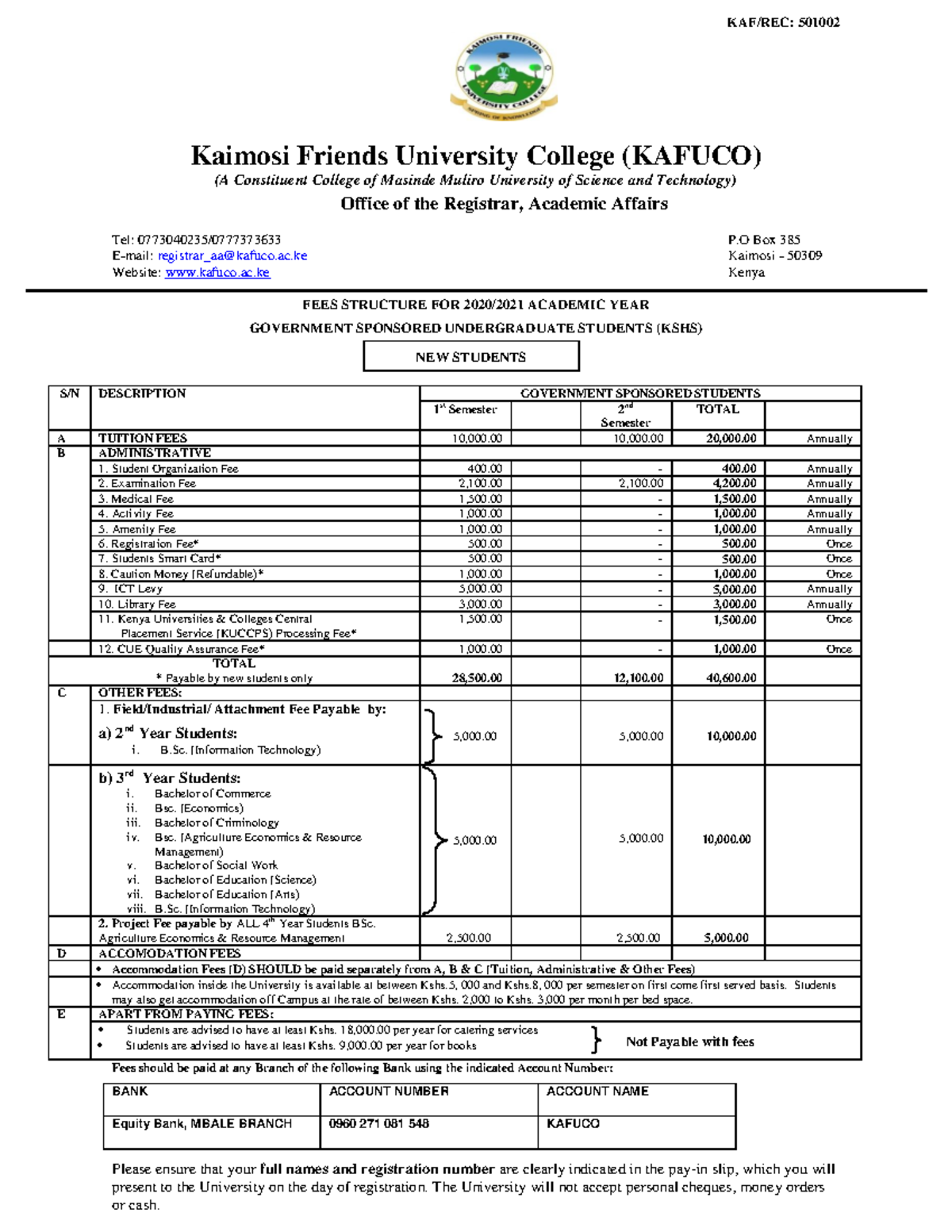 Fee structure 2020 - KAF/REC: 501002 Kaimosi Friends University College ...