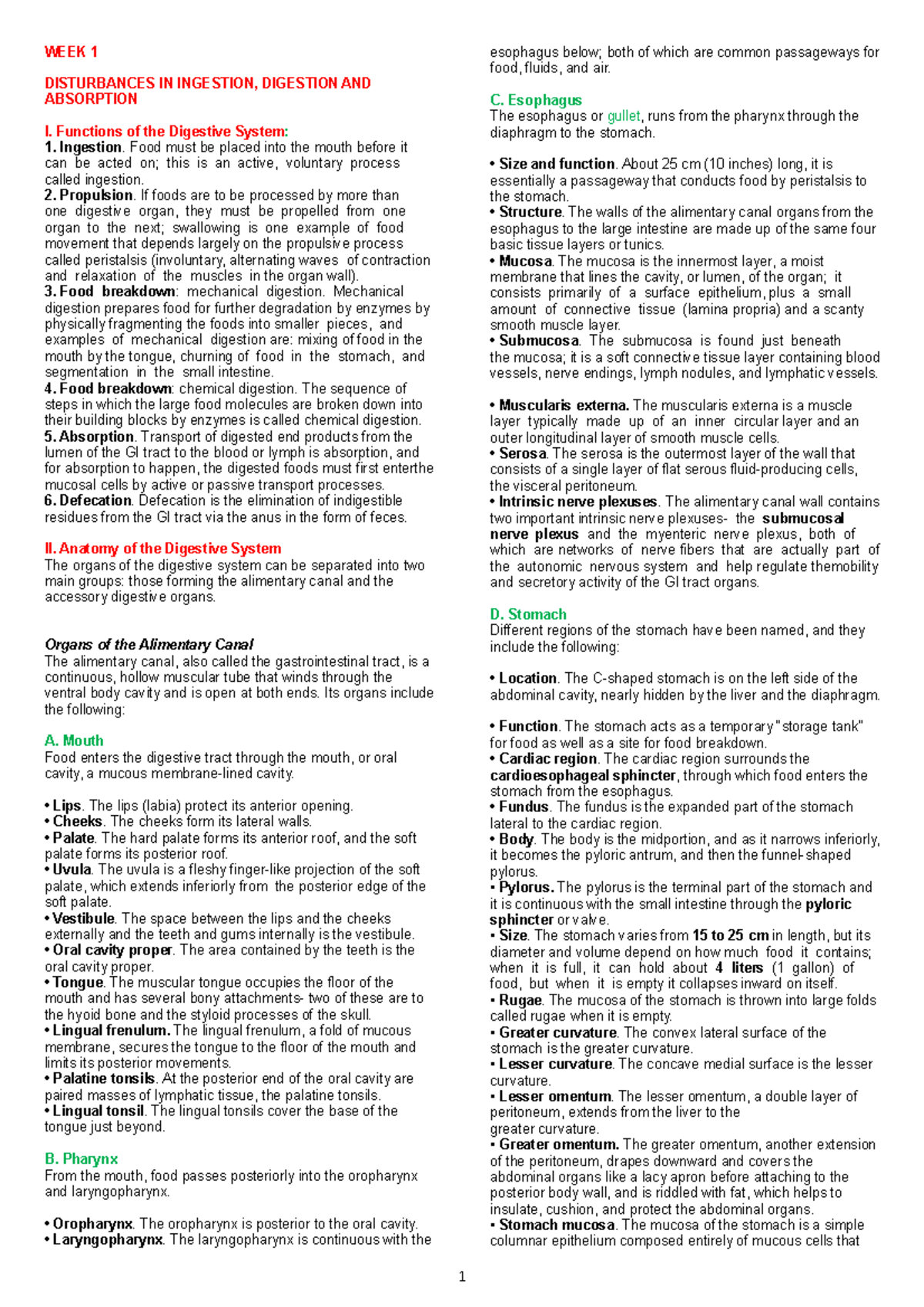 NCMB 316 Notes - WEEK 1 DISTURBANCES IN INGESTION, DIGESTION AND ...