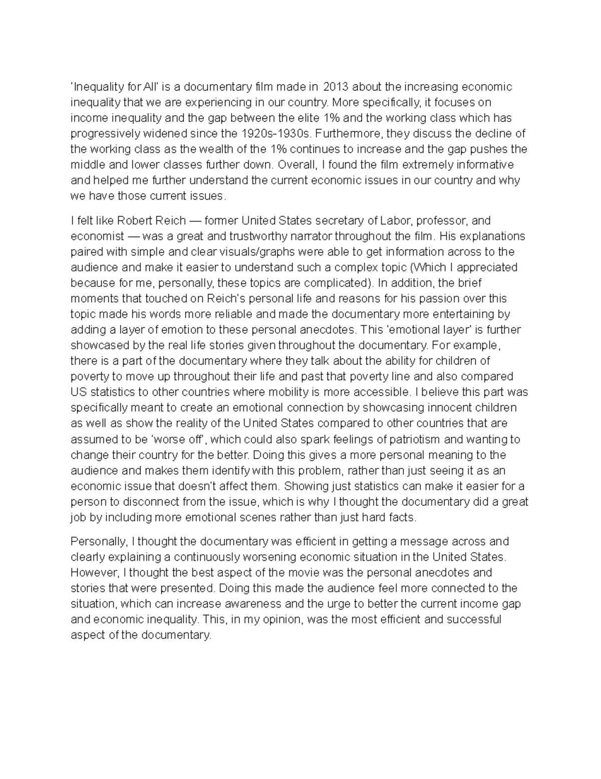 INTS 301 reflection for inequality for all - ‘Inequality for All’ is a ...