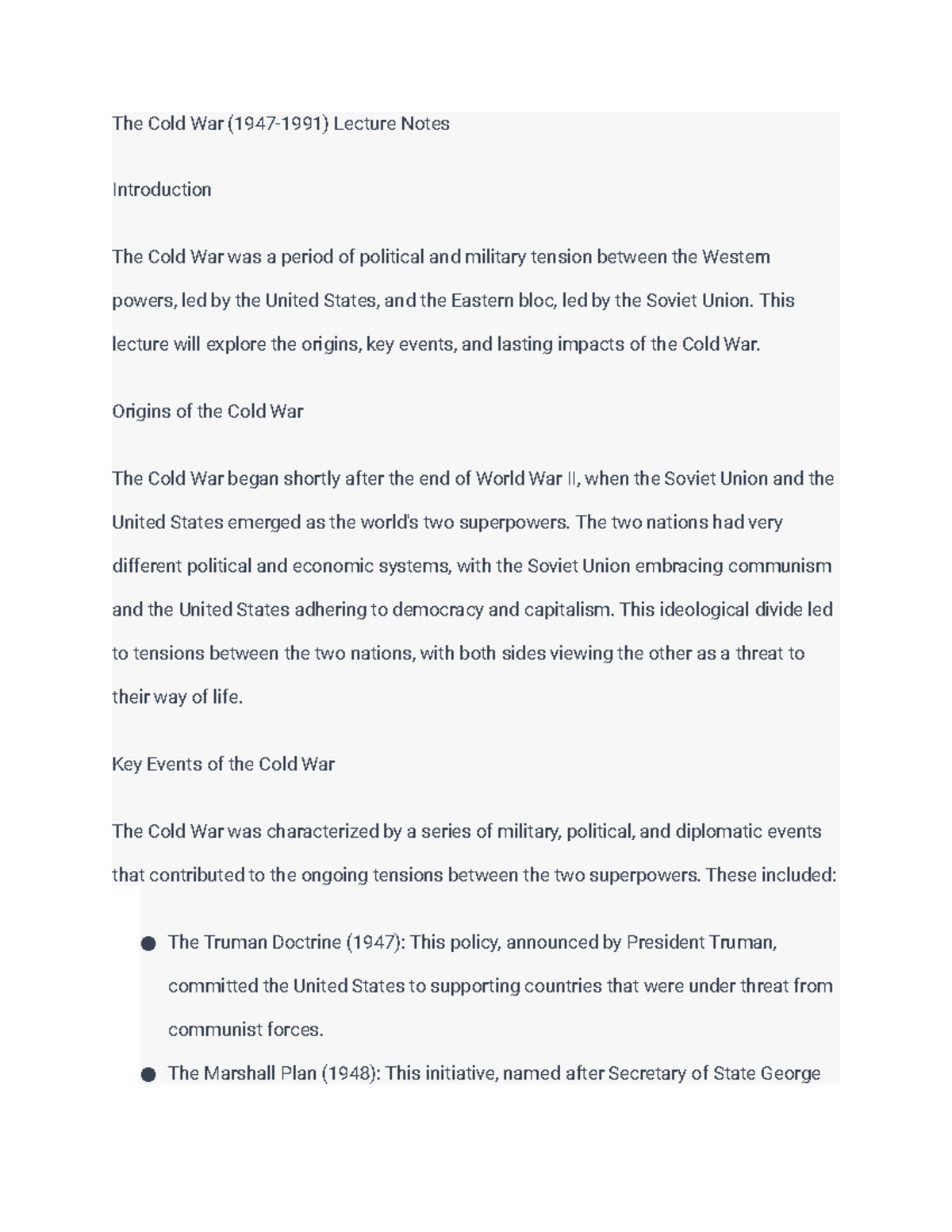 The Cold War (1947-1991) - This lecture will explore the origins, key ...