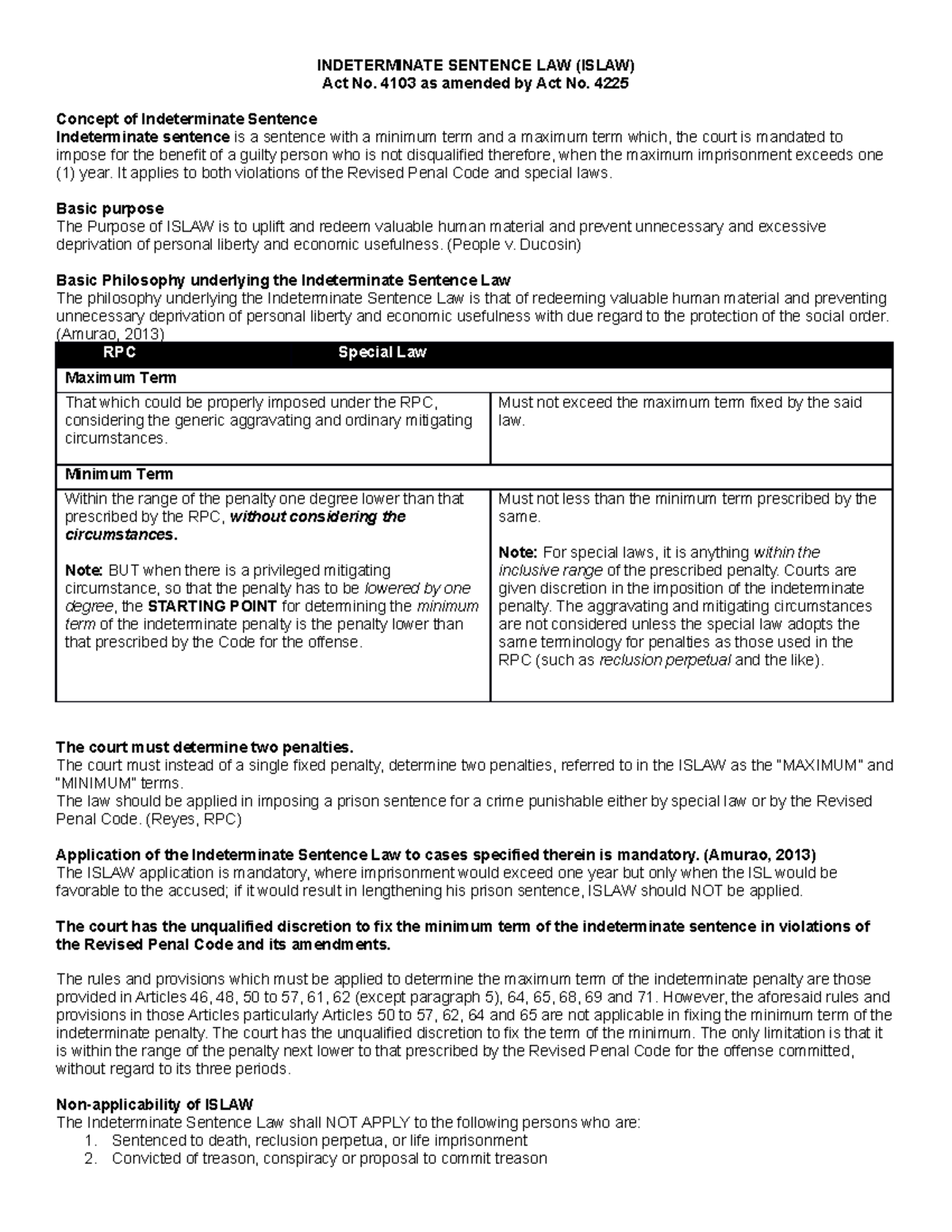 Islaw - Notes - INDETERMINATE SENTENCE LAW (ISLAW) Act No. 4103 as ...