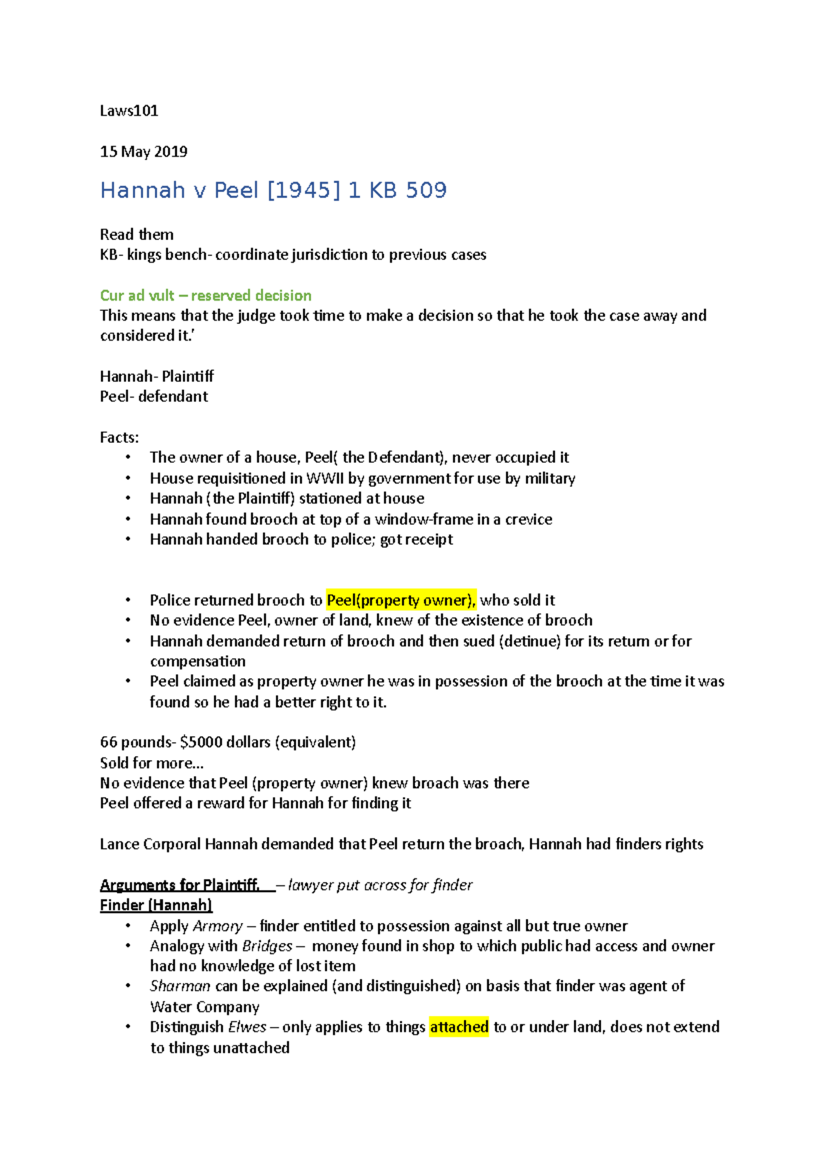 Hannah v Peel (17 May) - Lecture notes which are colour coded - Laws 15 ...