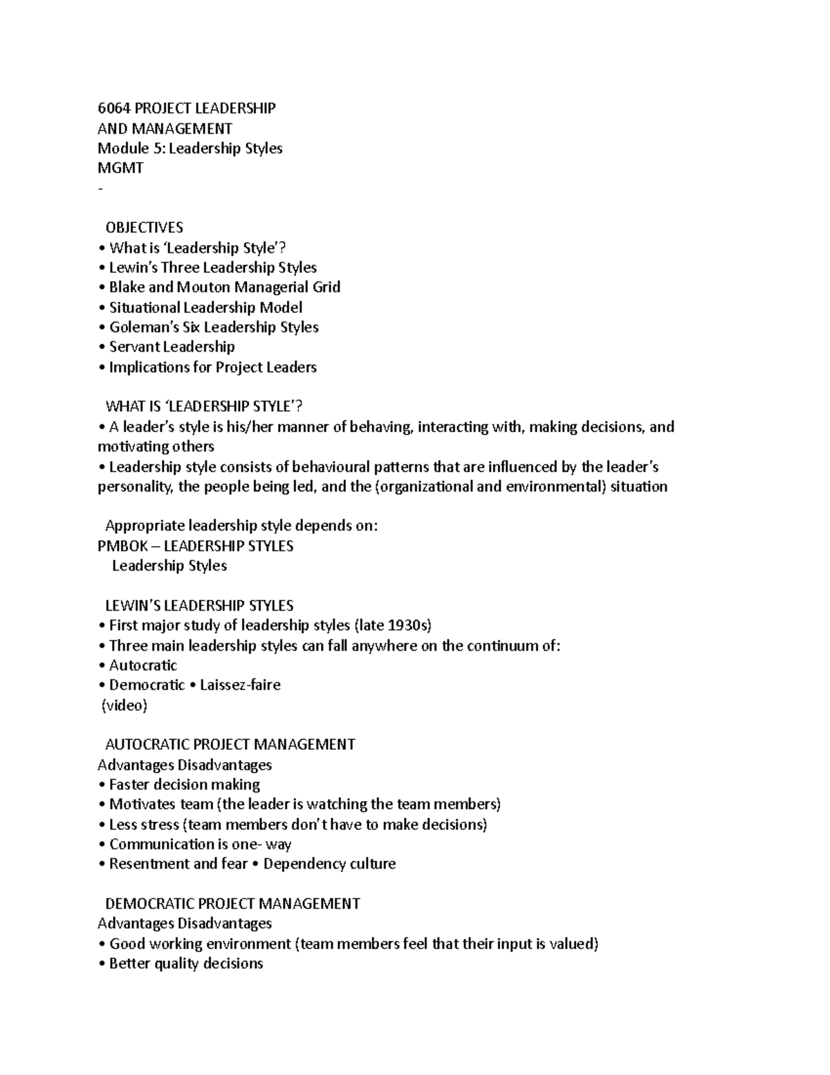 M5 - What is ‘Leadership Style’? - 6064 PROJECT LEADERSHIP AND ...