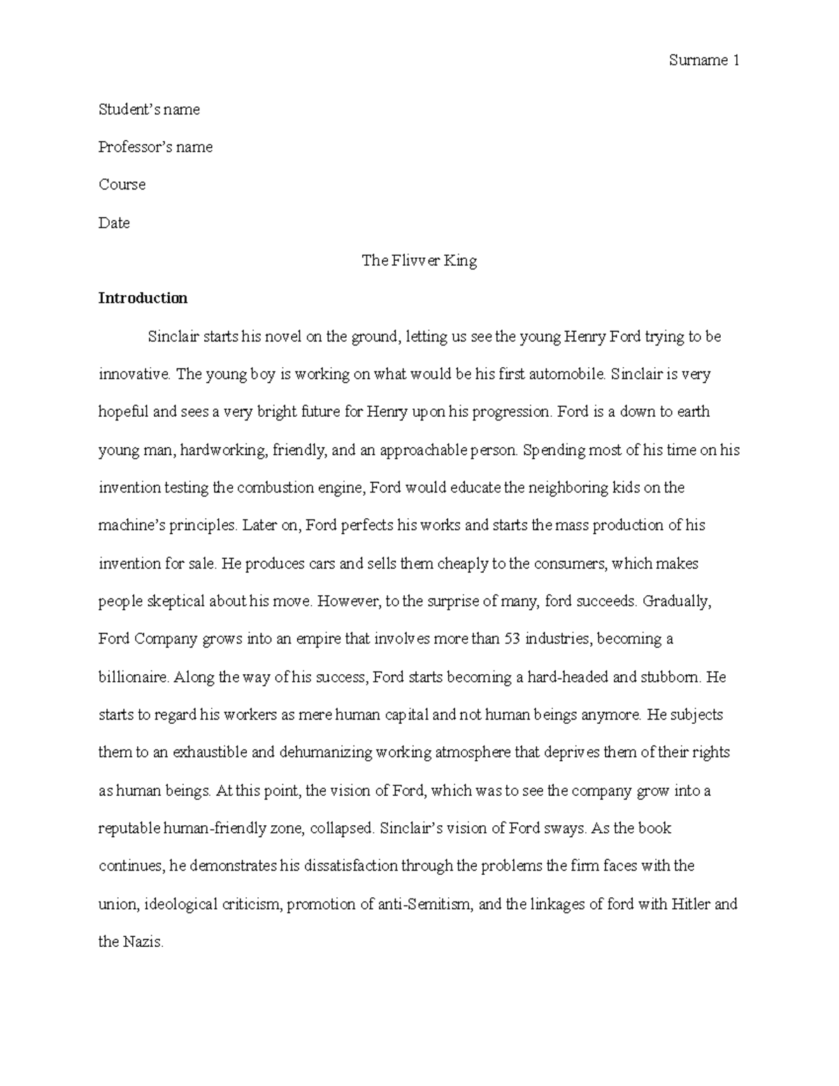 Flivver King - Student’s name Professor’s name Course Date The Flivver ...