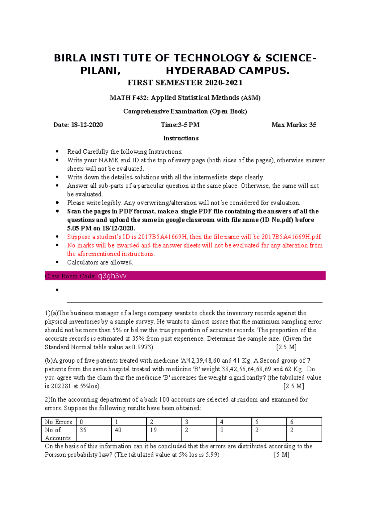 Compre Final 18 12 2020 - PreviousYear Paper - BIRLA INSTI TUTE OF ...