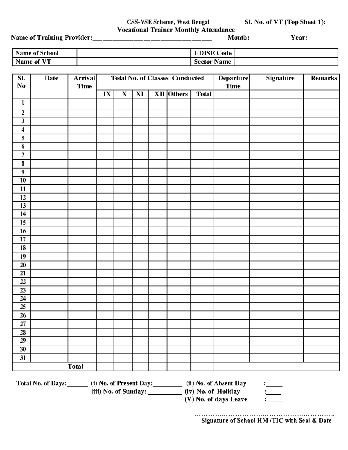 Attendance Format VT Updated - CSS-VSE Scheme, West Bengal Sl. No. of ...