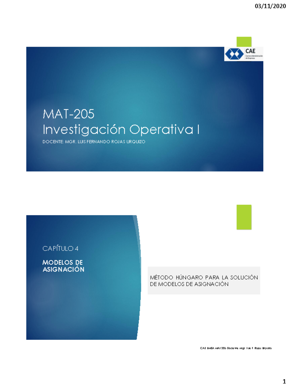 4 Modelos de Asignación - MAT- 205 Investigación Operativa I DOCENTE ...