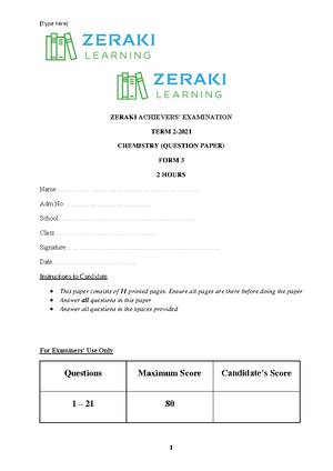 Mathematics - Mathematics Form 3 Paper 1 - Zeraki Achievers 3.0 - Question Paper (1) (13 ...