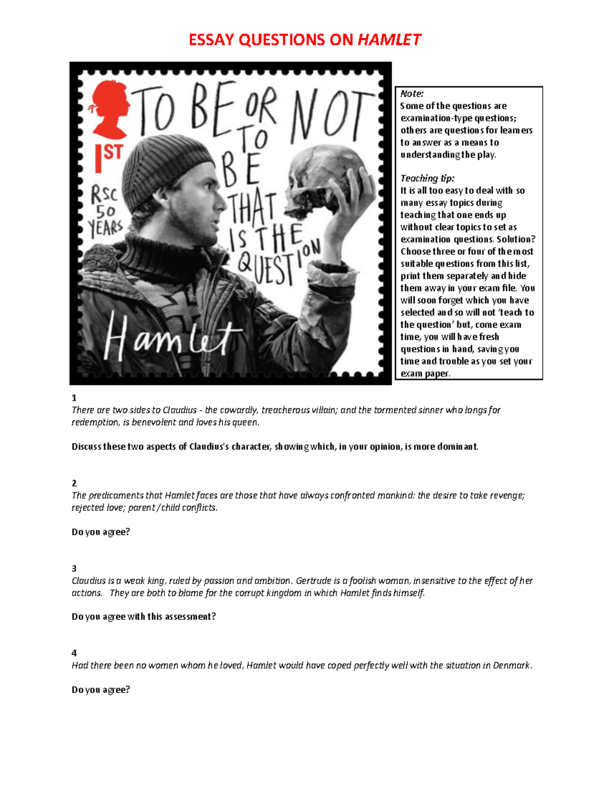 Essay questions on Hamlet - ESSAY QUESTIONS ON HAMLET Note: Some of the ...