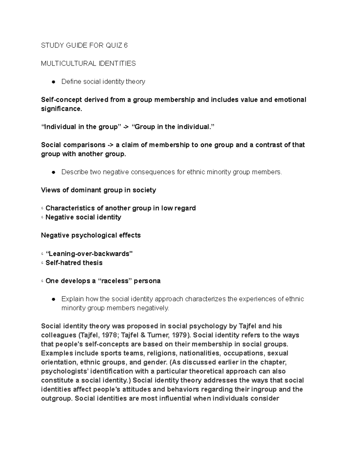 Psych 135 Study Guide Quiz 5 - STUDY GUIDE FOR QUIZ 6 MULTICULTURAL ...