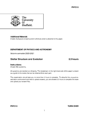Problem Class 2 - Practice Questions - PHY213 - Stellar Structure and Evolution Problems Class 2 ...
