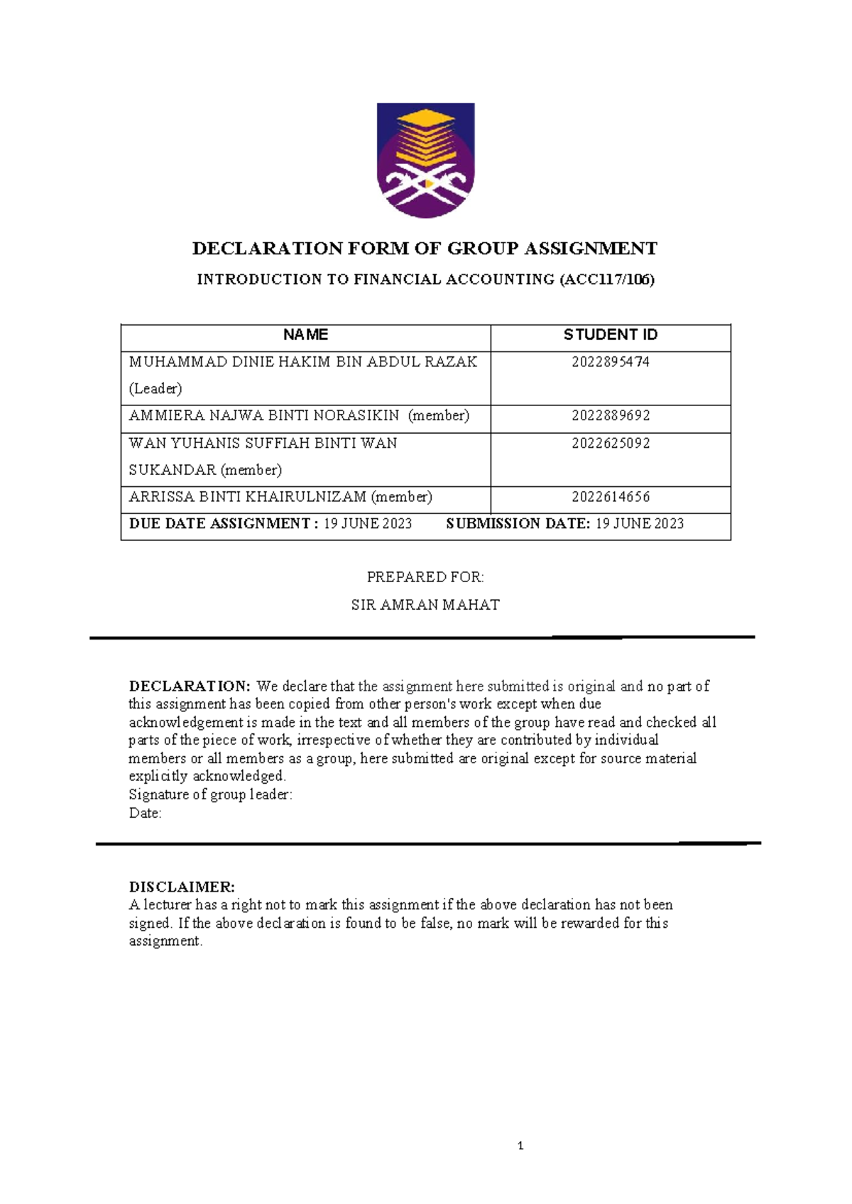 Group Assignment ACC117 Abuyu Shoes ENT - DECLARATION FORM OF GROUP ASSIGNMENT INTRODUCTION TO ...