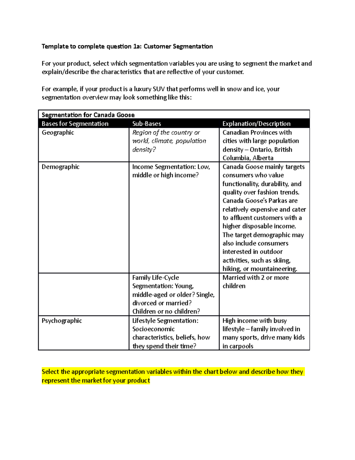 23W MKTG116 Assignment 2 Segmentation Variables Template - Template to ...