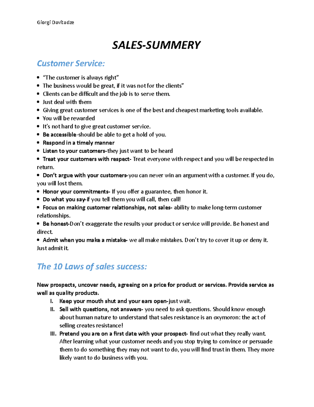Sale-EXAM- Notes - SALES-SUMMERY Customer Service: “The customer is ...