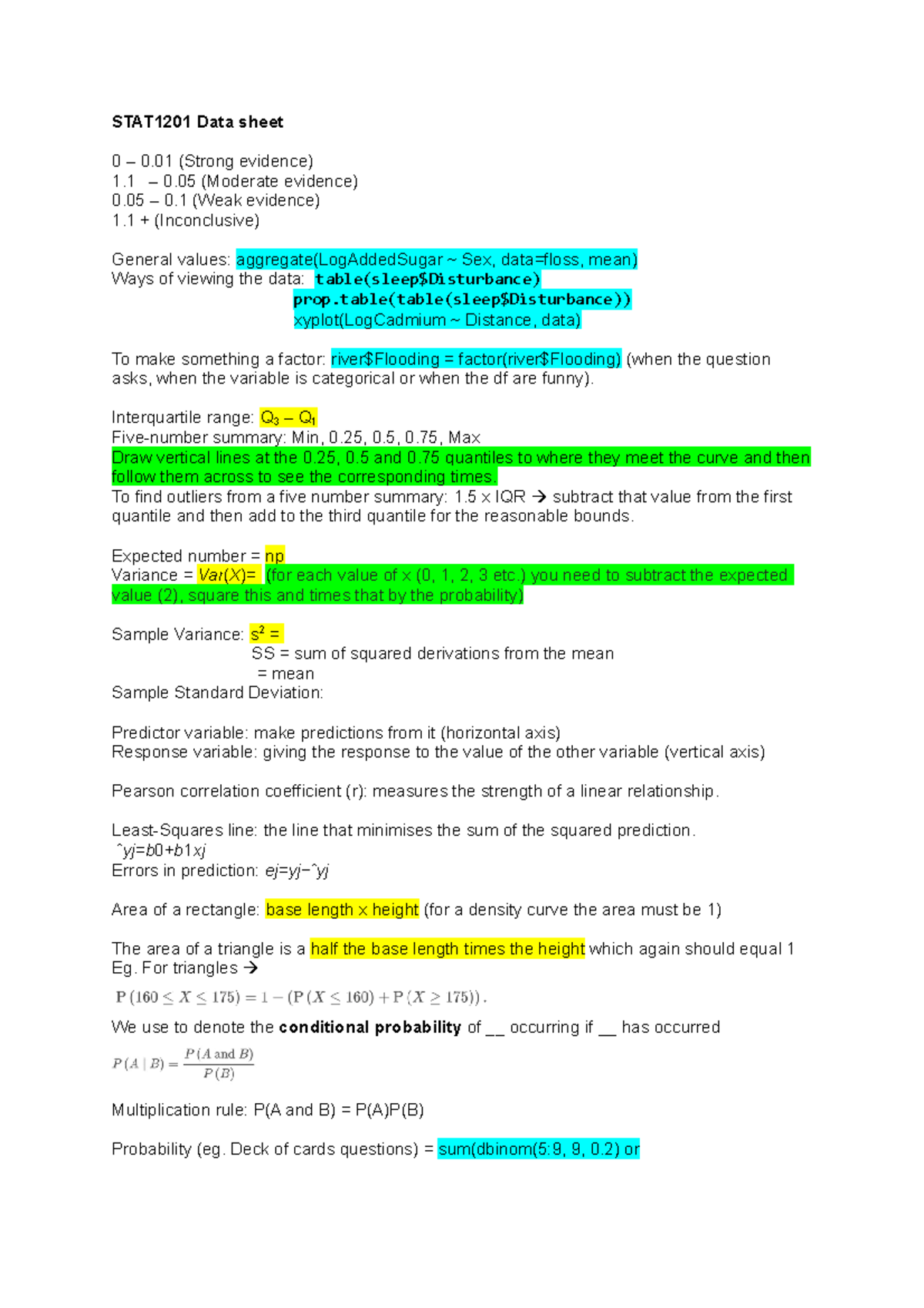 STAT1201 Summary - STAT1201 Data sheet 0 – 0 (Strong evidence) 1 – 0 ...