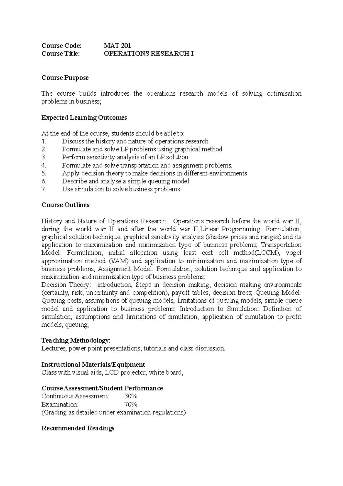 Operations Reserach Course Outline - Course Code: MAT 201 Course Title ...