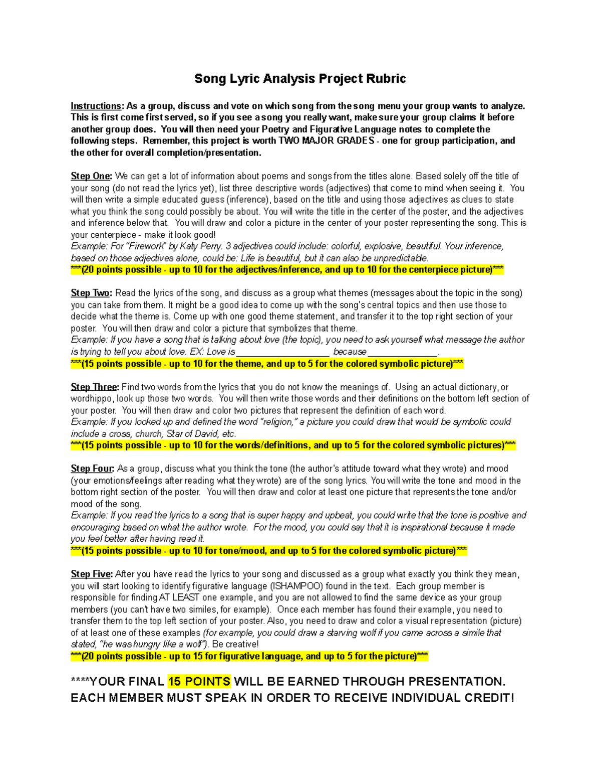 Mullins Song Group Project Rubric - Song Lyric Analysis Project Rubric ...