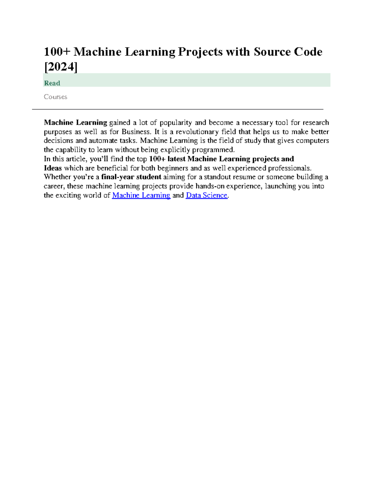 100 links of learning ai - 100+ Machine Learning Projects with Source Code [2024] Read Courses ...