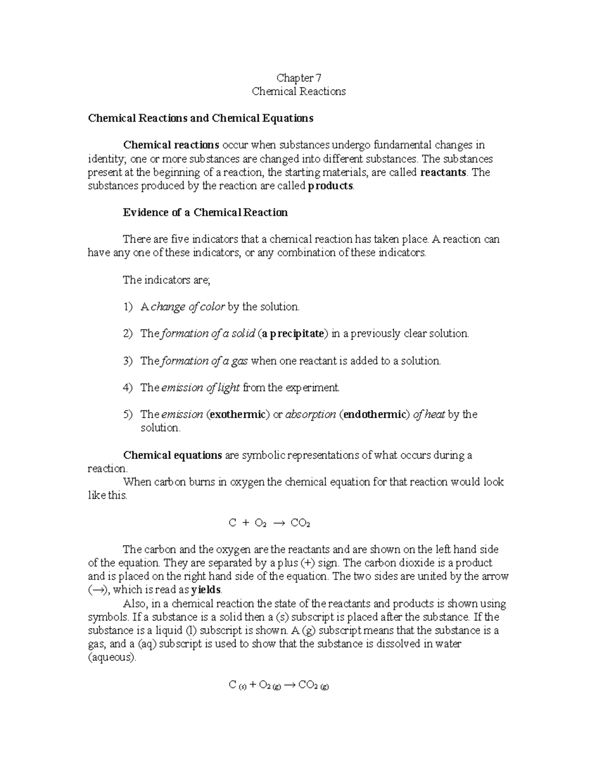 CHP 7 CHEM - lecture notes - Chapter 7 Chemical Reactions Chemical ...