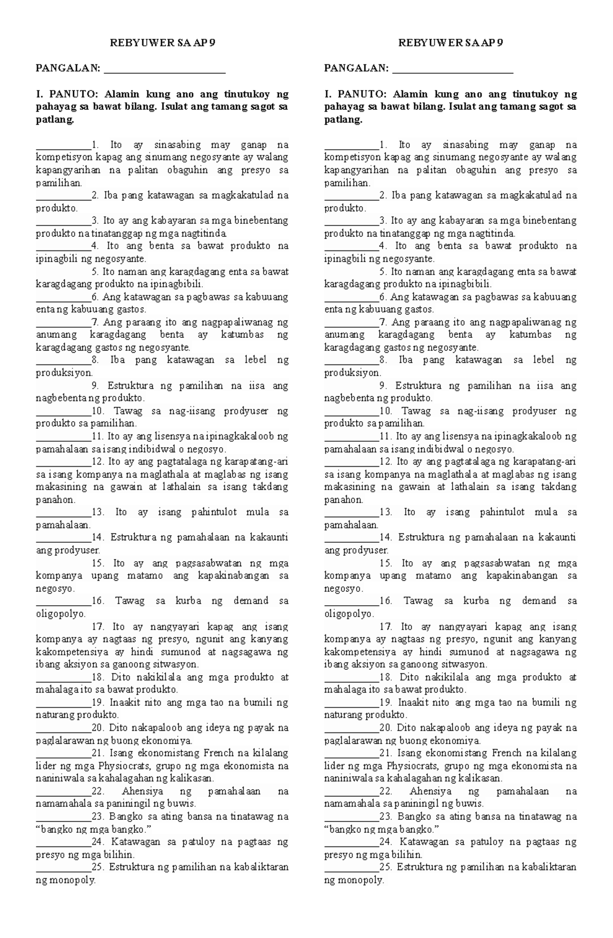 G9 rebyu - Pagsasanay sa mga gawain sa Filipino 6-7. - REBYUWER SA AP 9 ...