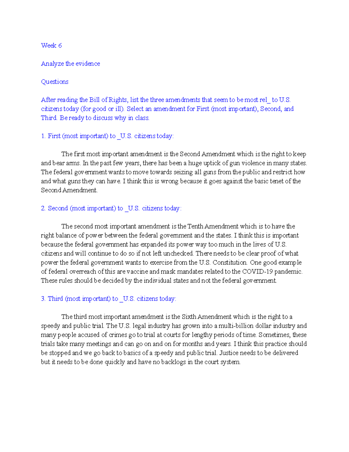 Week 6 Questions and Answers - Week 6 Analyze the evidence Questions After reading the Bill of ...